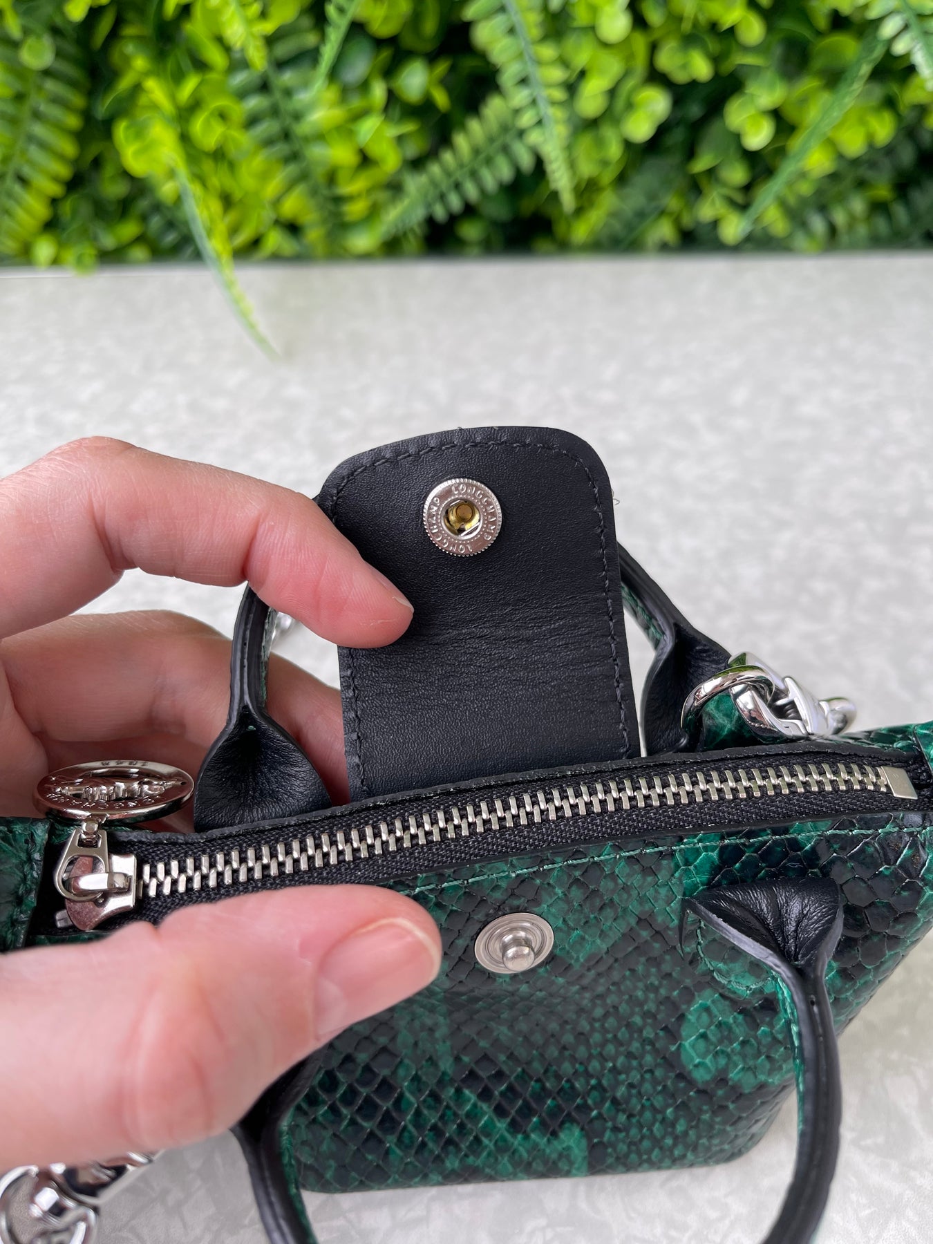 Mini Le Pliage Python Verde com Corrente Metálica – Bela Shop